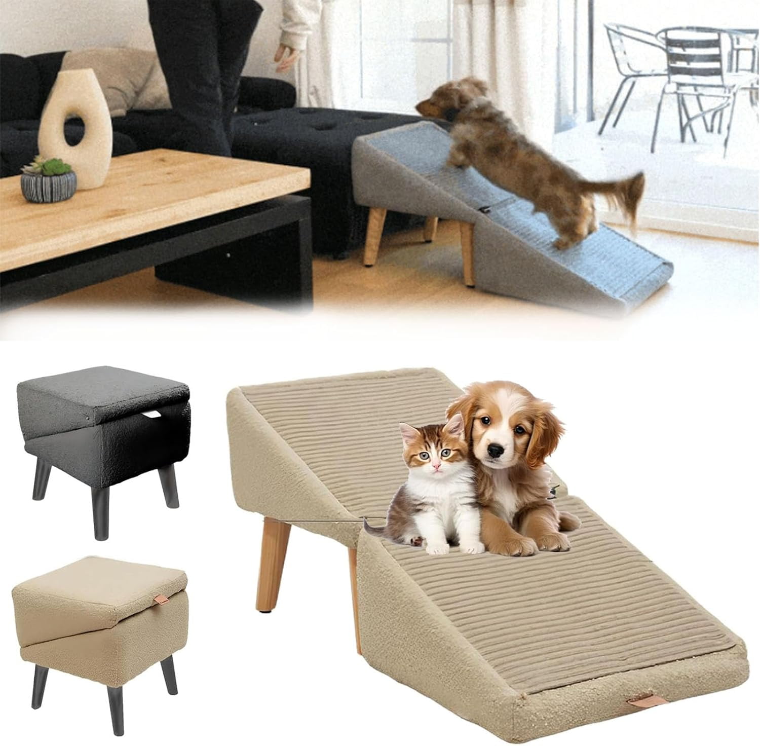 Split Ottoman Dog Ramp, 2-in-1 Lightweight Folding Pet Ramps Stairs for ...