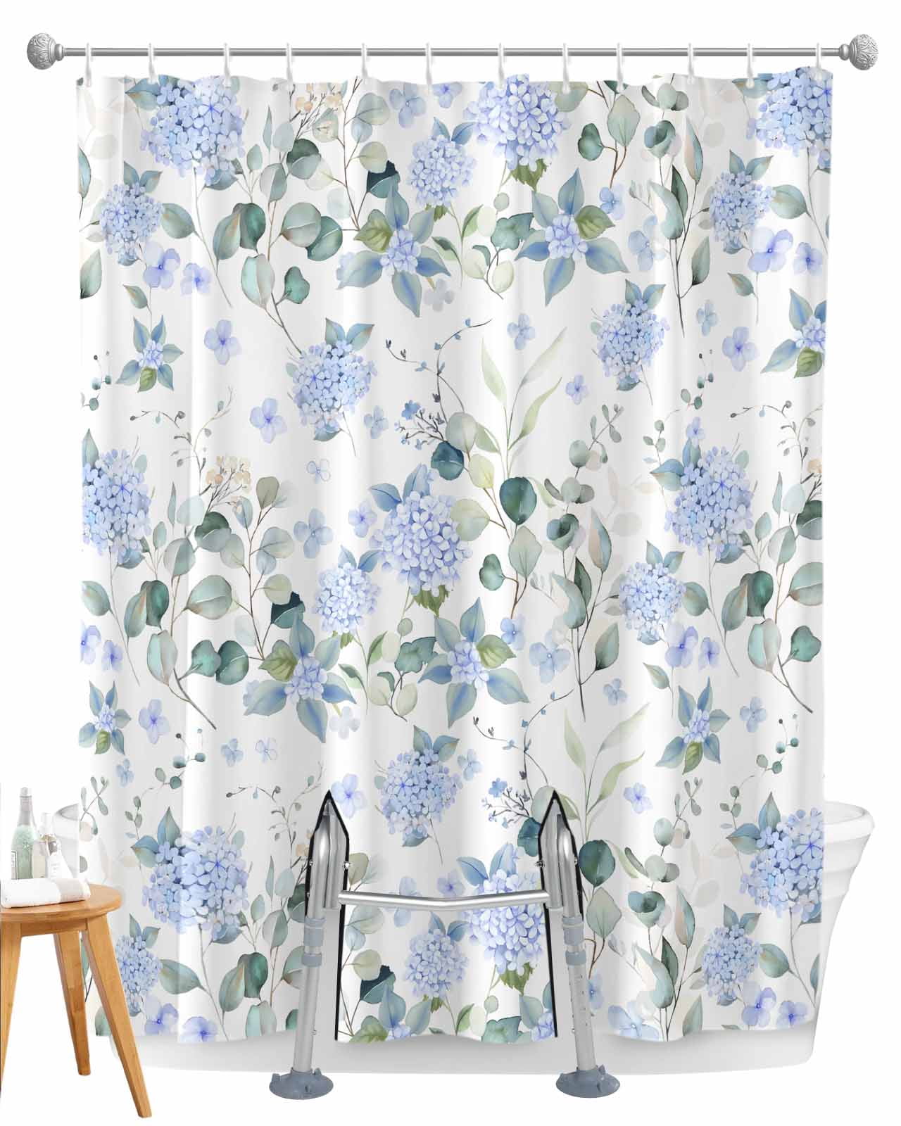Split Shower Curtain for Transfer Bench, Blue Flower Fabric Shower ...