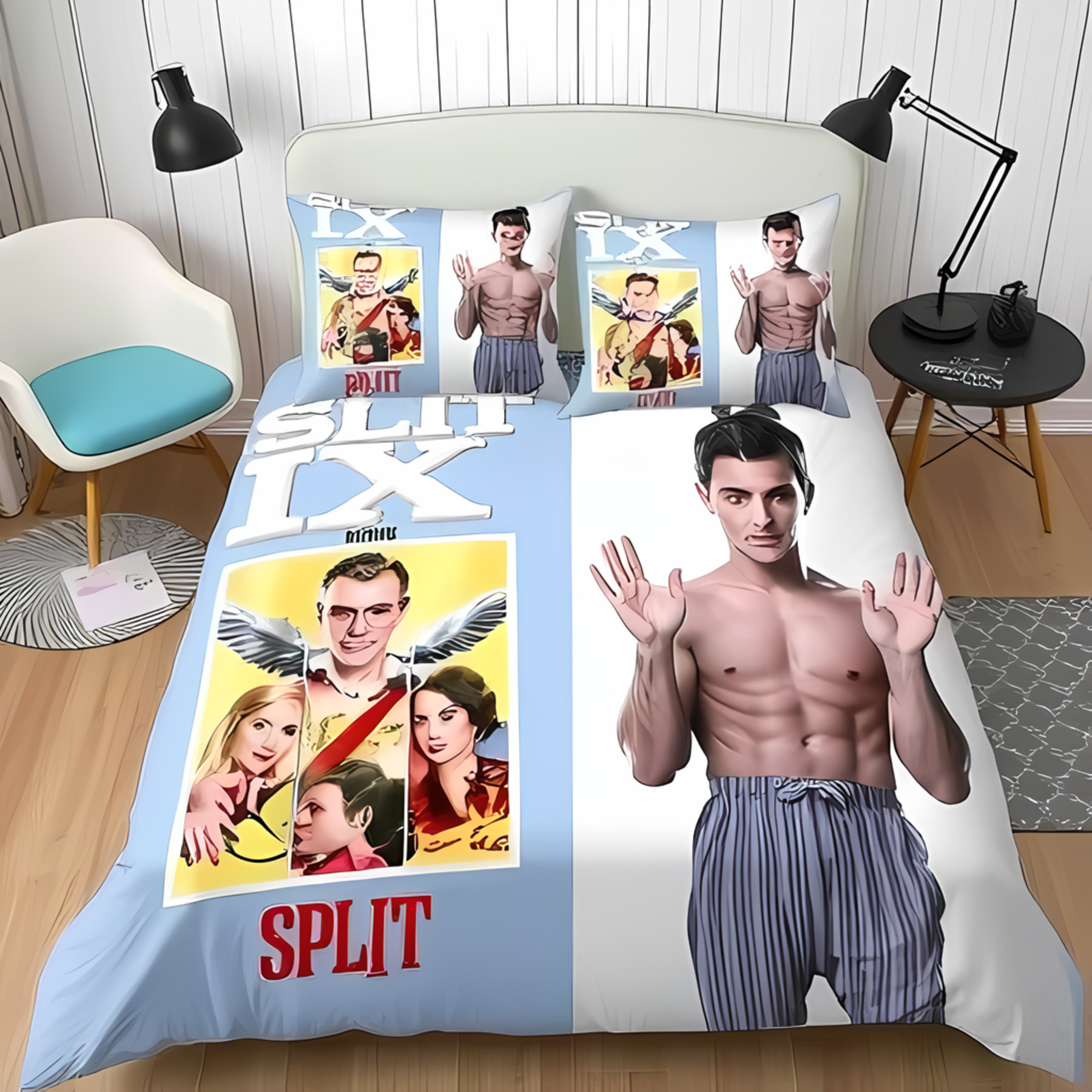 Split Themed Bedding Set Light Blue Bedspread with Cartoon Characters & Bold SPLIT Letters Fun ...
