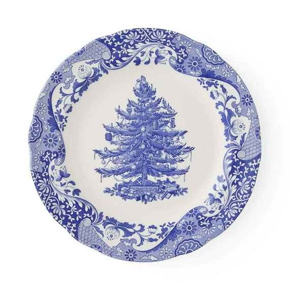 Spode Blue Italian Christmas Tree Dinner Plate – 10.6" Fine Earthenware Holiday Dish with Blue ...