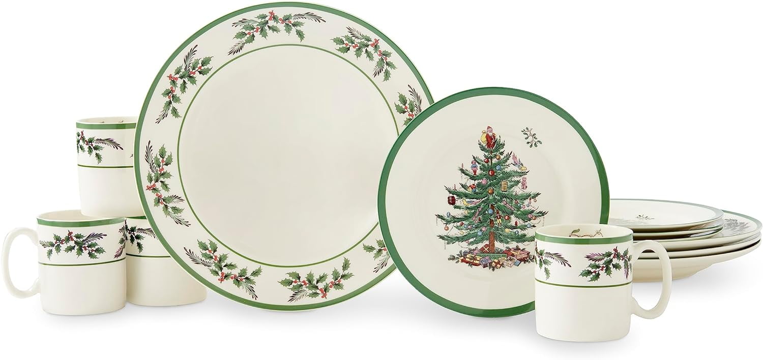 Spode Christmas Tree Holly 12 Piece Dinnerware Set, Service for 4 Dinner Plate, Salad Plate and ...