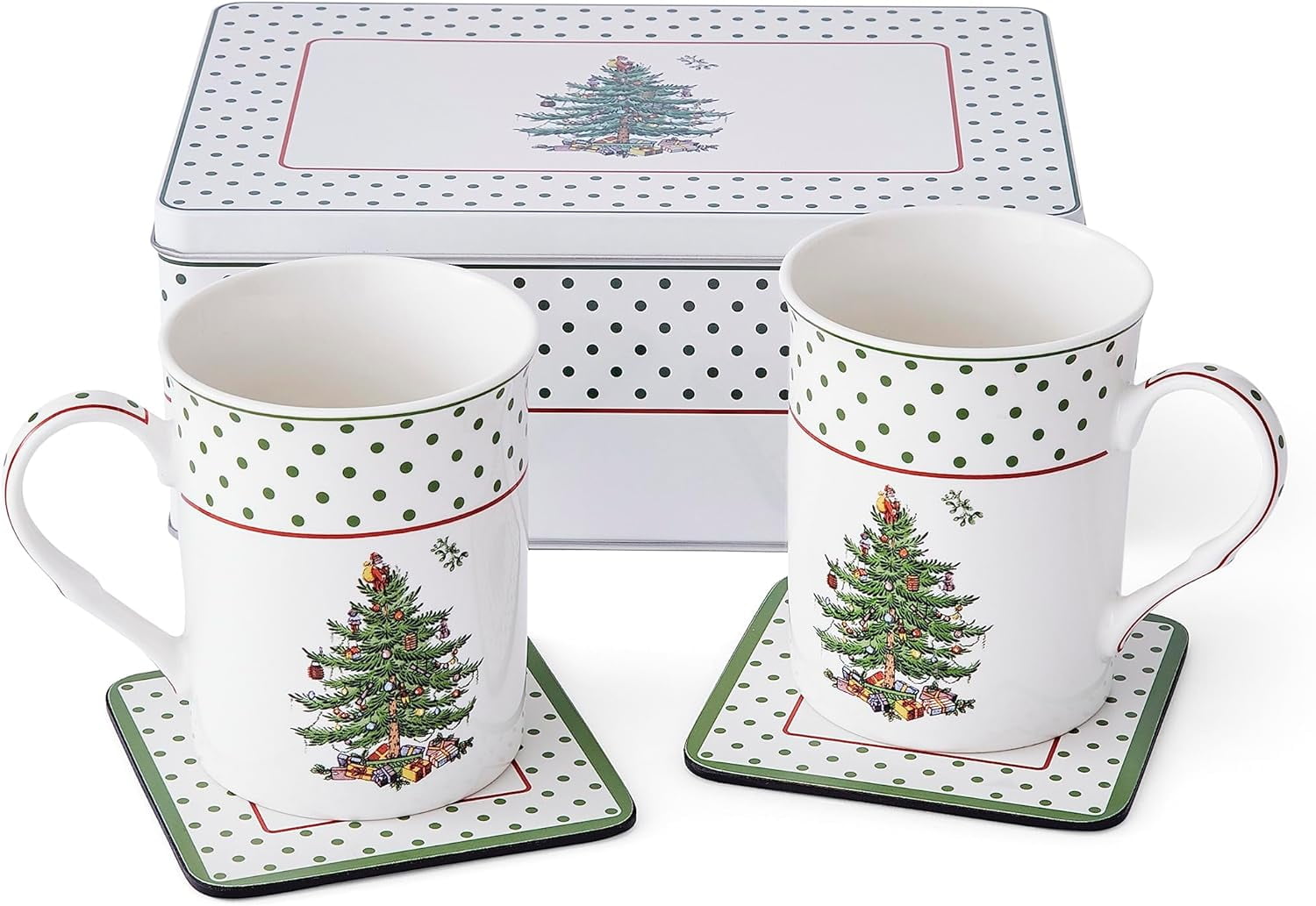 Spode Christmas Tree Polka Dot 5 Piece Mug and Coaster Set with Tin ...