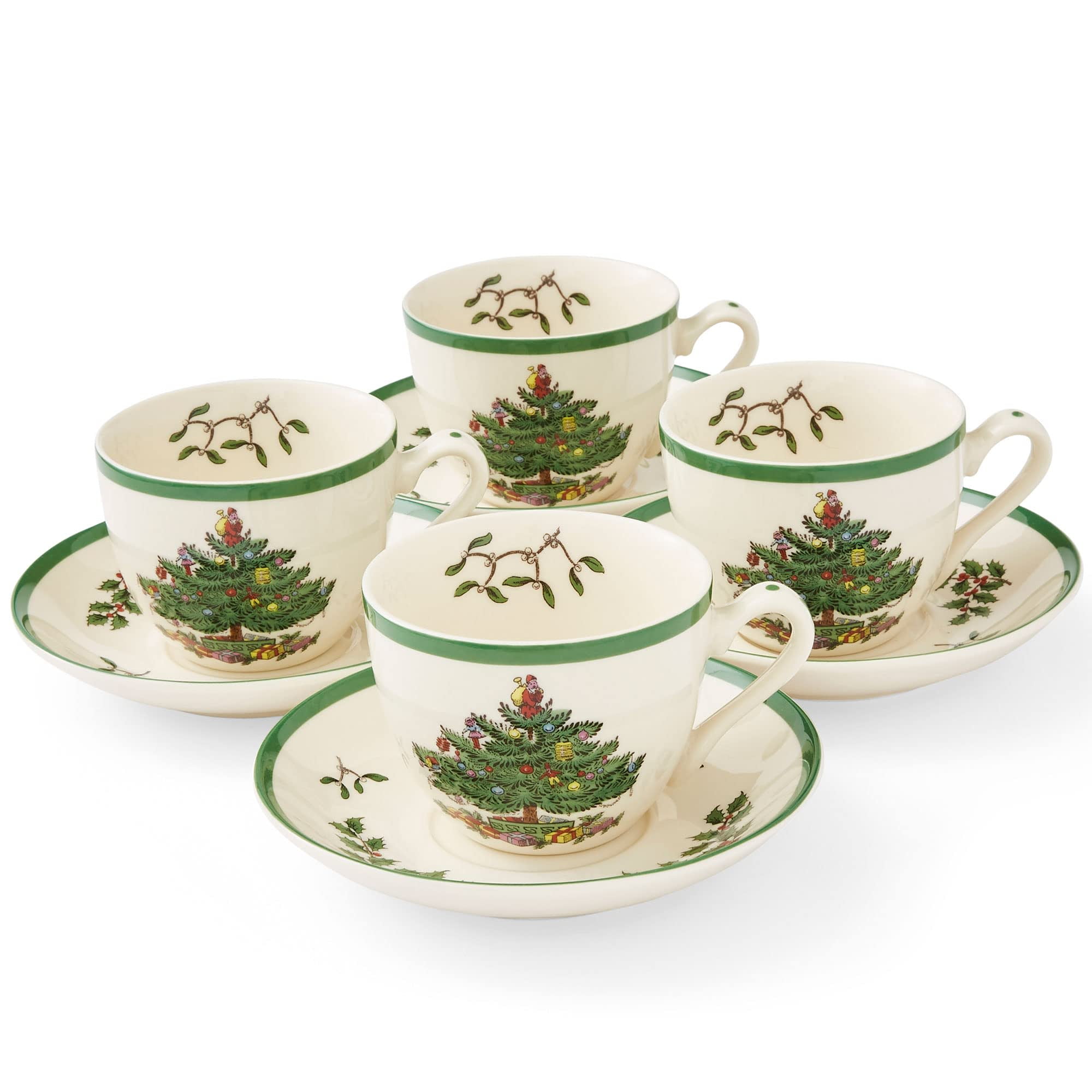 Spode Christmas Tree Teacup & Saucer Set (Set of 4) - 7 Oz Earthenware ...