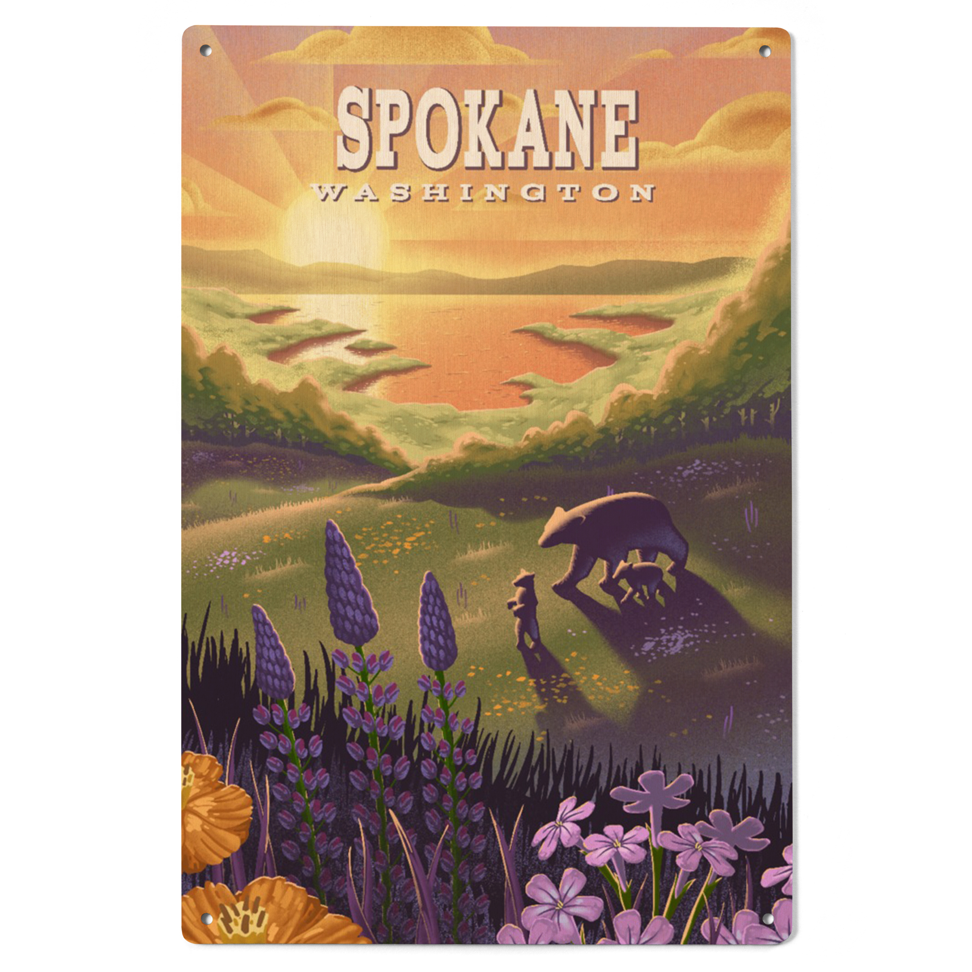 Spokane, Washington, Bear and Spring Flowers, Lithograph Birch Wood ...