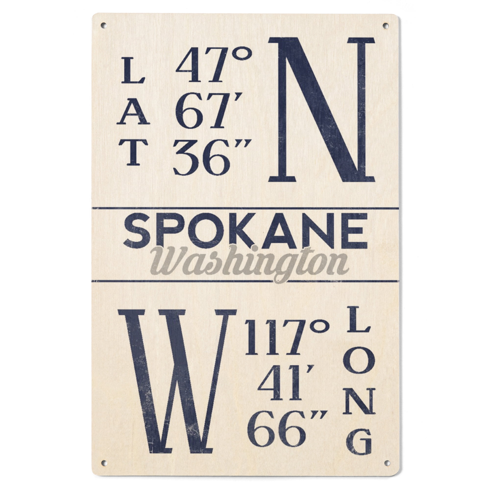 Spokane, Washington, Latitude and Longitude (Blue) Birch Wood Wall Sign ...