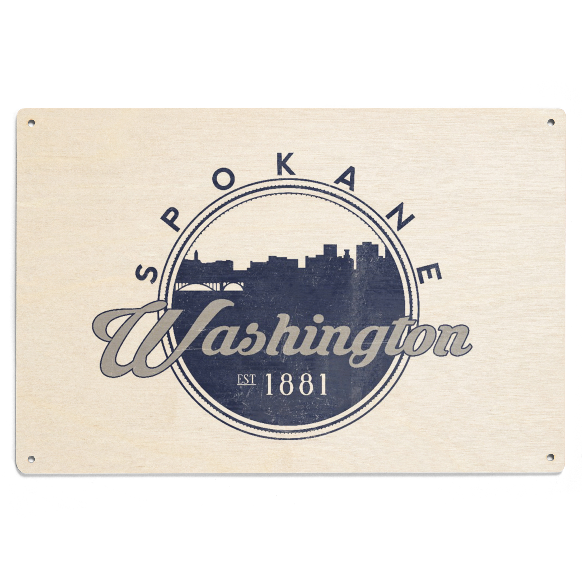 Spokane, Washington, Skyline Seal (Blue) Birch Wood Wall Sign (6x9 ...
