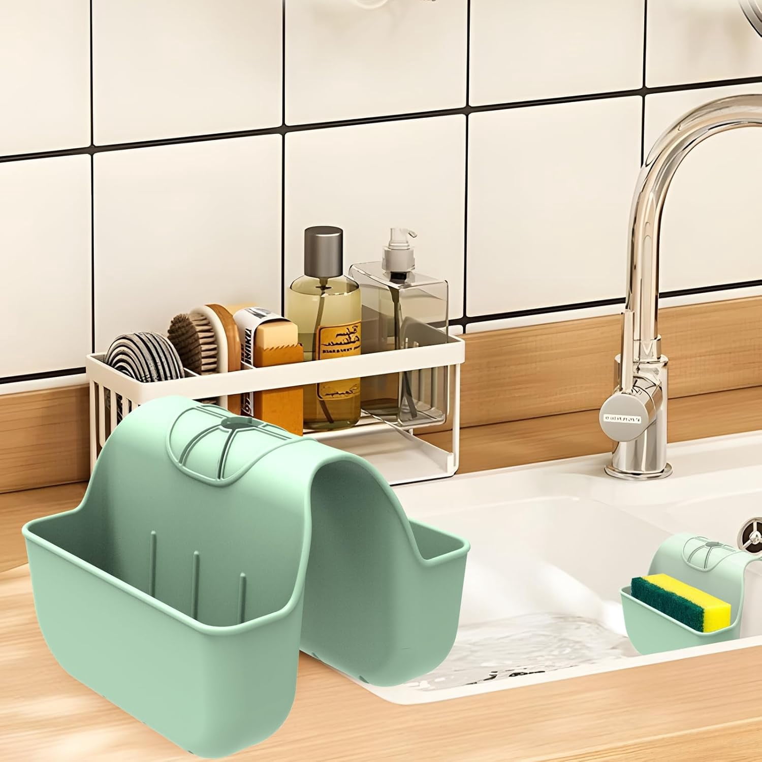 Sponge Holder for Kitchen Sink, Silicone Sink Saddle Caddy Organizer ...