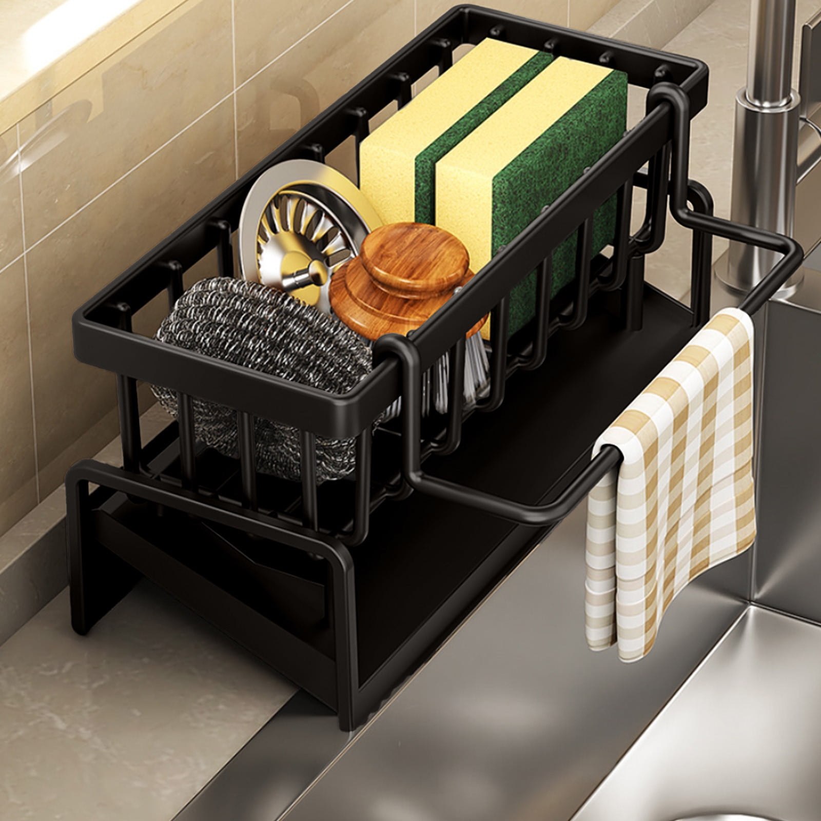 Sponge Holder for Kitchen Sink, Stainless Plastic Sink Caddy with Auto ...