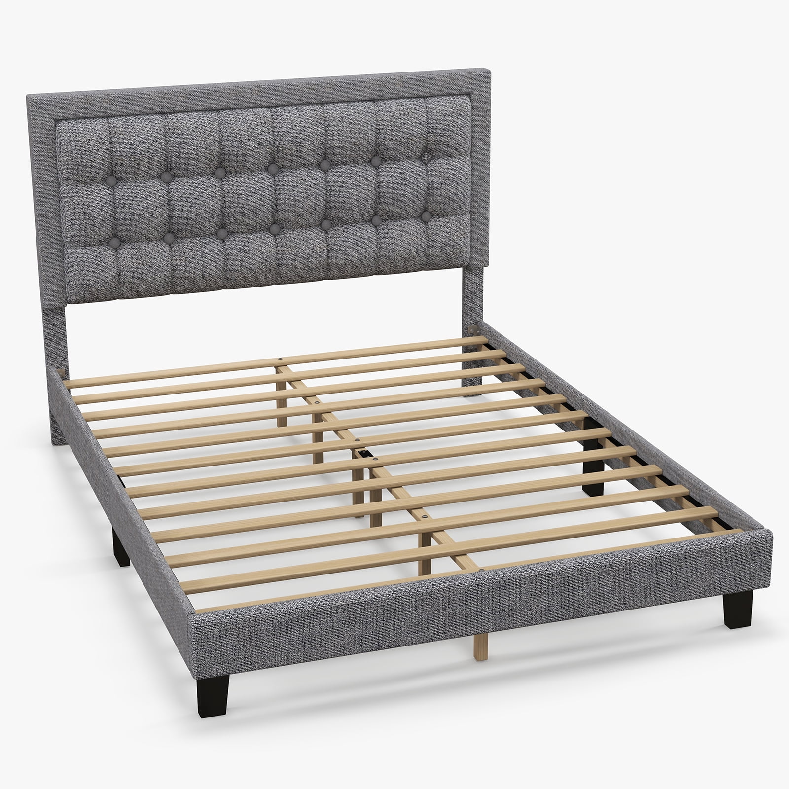 Sponge Linen Bed, Double Bed Frame with Checkered Adjustable Headboard ...