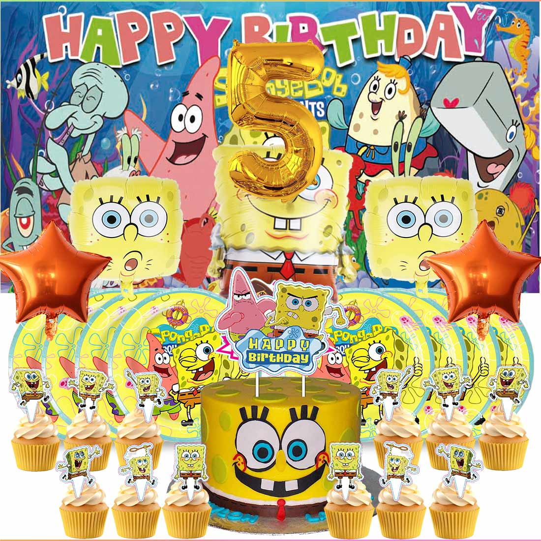 SpongeBob SquarePants 5th Tableware Balloons Cake Toppers Backdrop ...