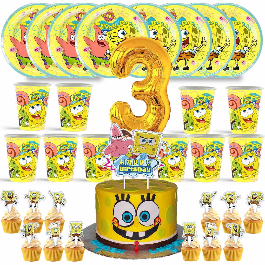 SpongeBob SquarePants Birthday 3rd Cups Party Supplies Plates Fans ...