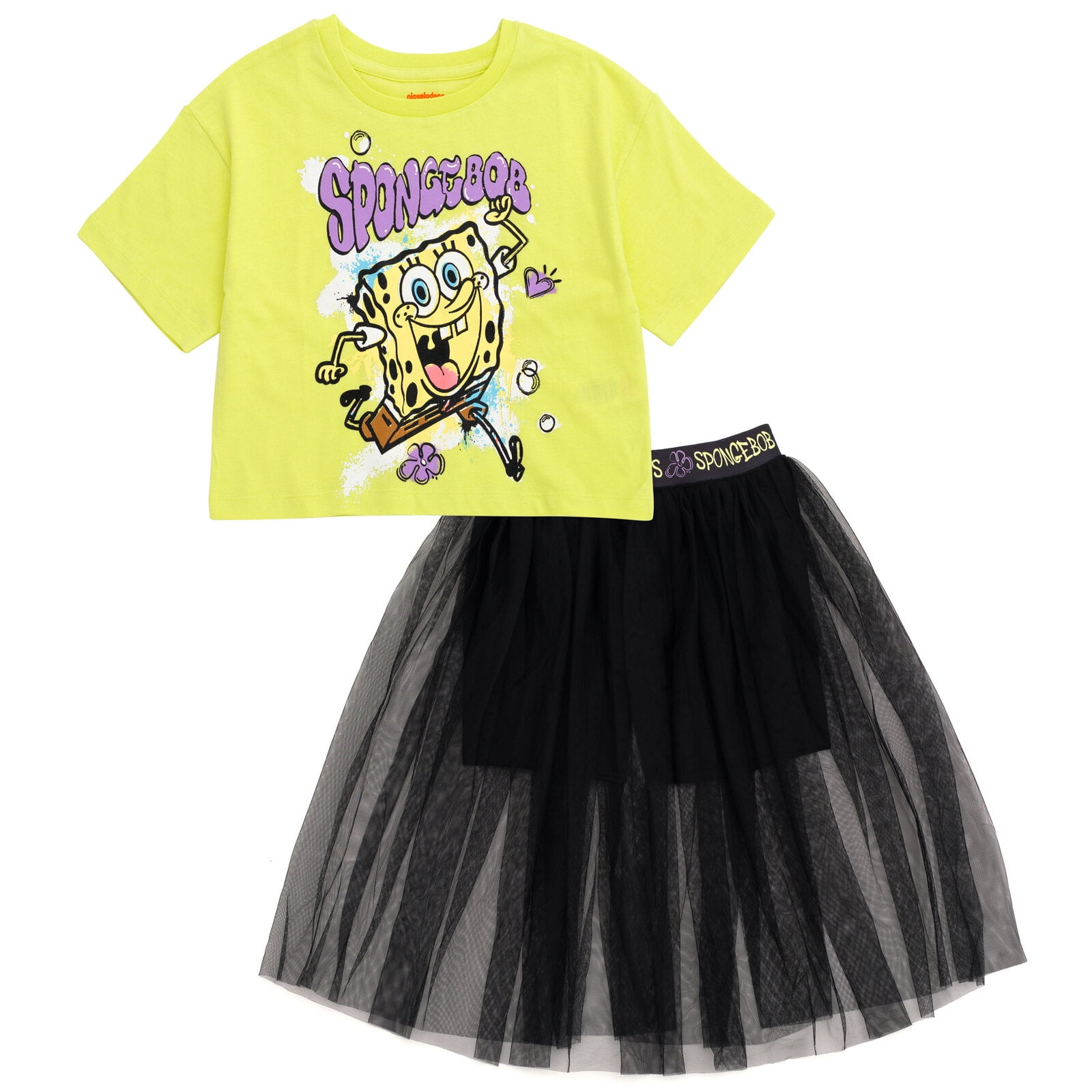 SpongeBob SquarePants Boxy Drop Shoulder T-Shirt and Mesh Tulle Skort ...