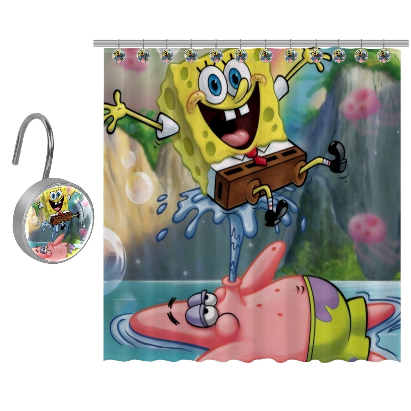 SpongeBob SquarePants Printed Shower Curtain with 10 Hooks 66" x 72 ...