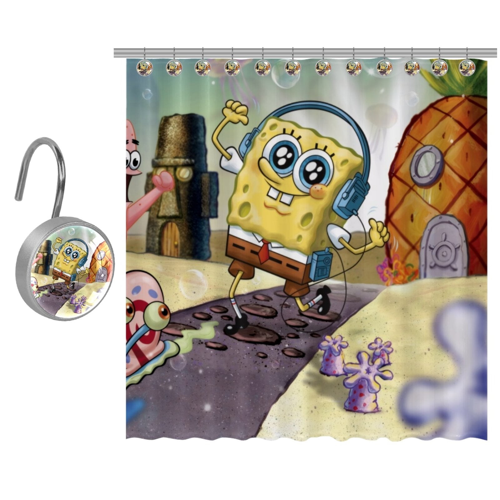 SpongeBob SquarePants Printed Shower Curtain with 9 Hooks 36" x 72 ...