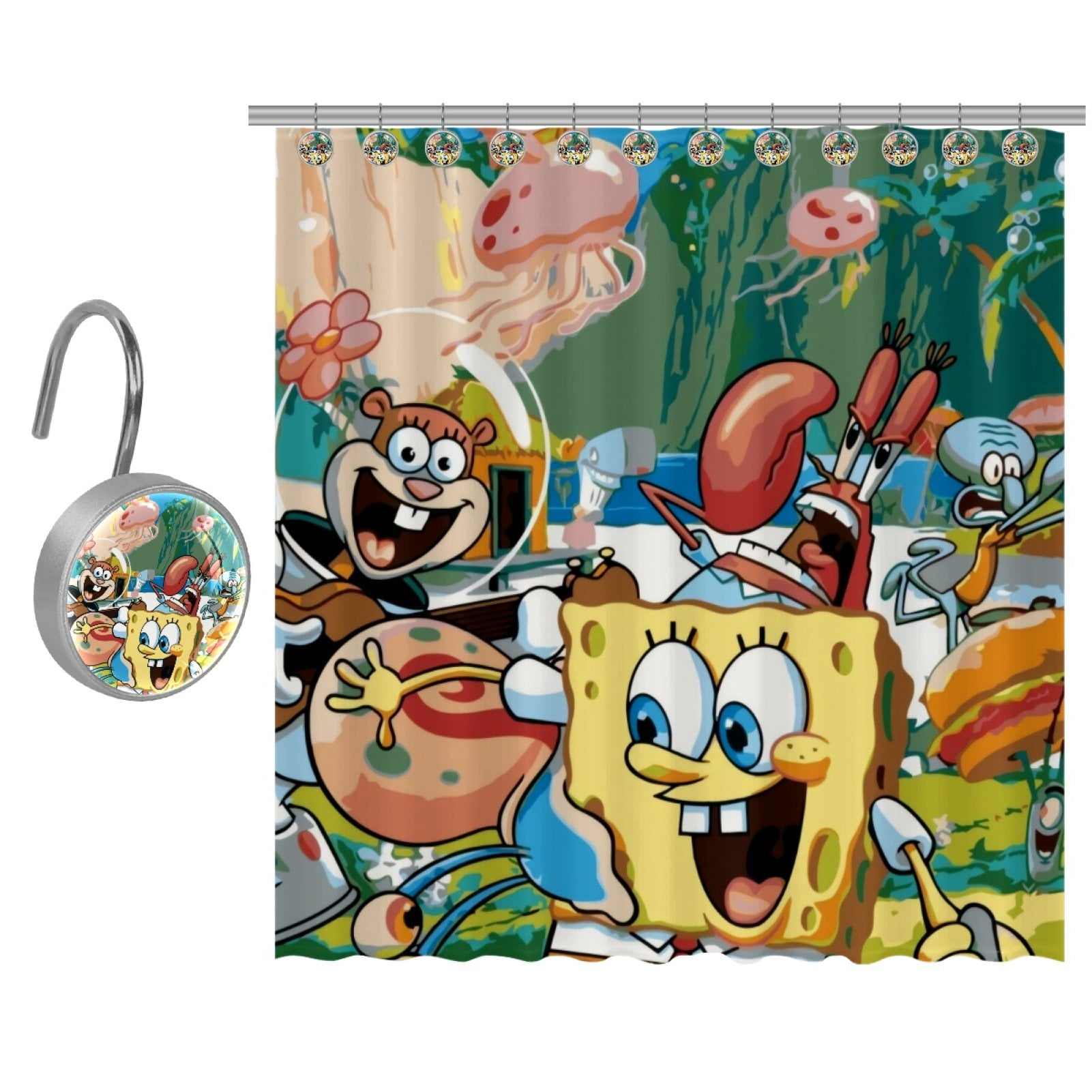 SpongeBob SquarePants Printed Shower Curtain with 9 Hooks 36" x 72 ...