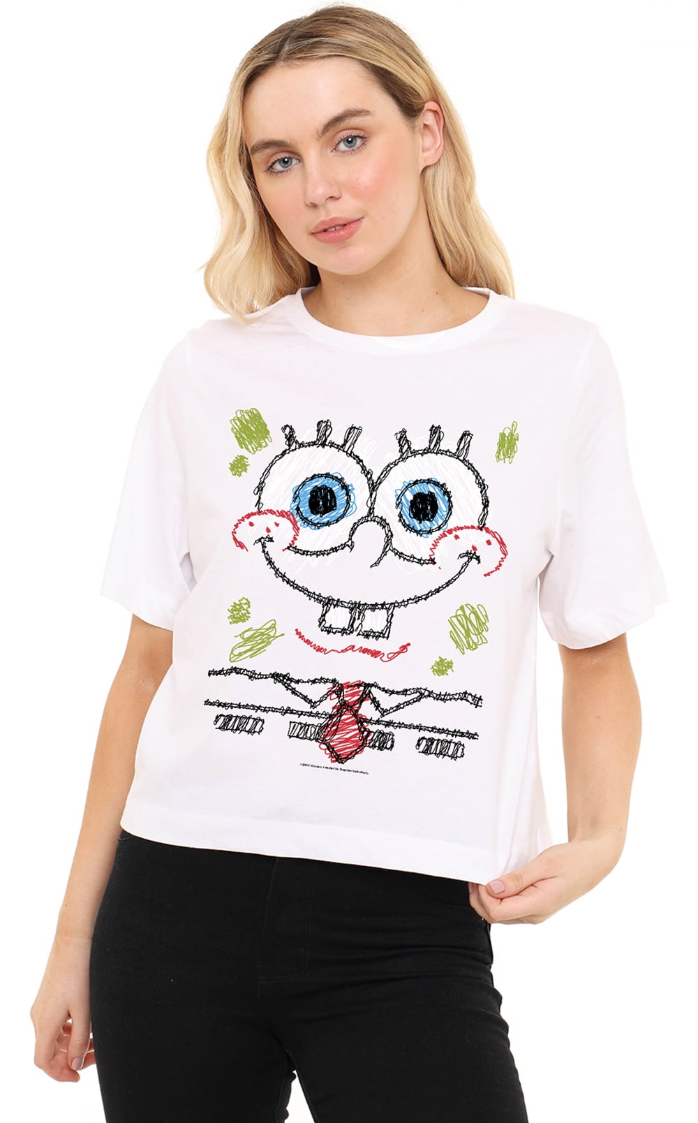Spongebob Squarepants Spongebob Scribble Smile Women's Boxy Cropped T-Shirt Casual Graphic Tee ...