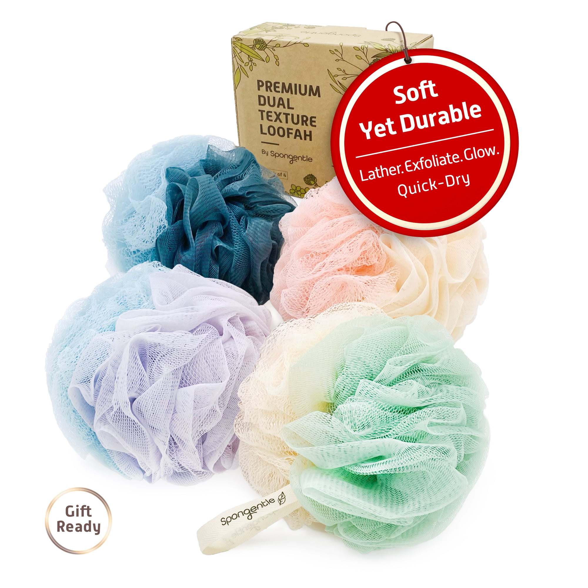Spongentle Loofah Bath Sponge, Exfoliating Body Scrubber, Large, 4 Pack ...
