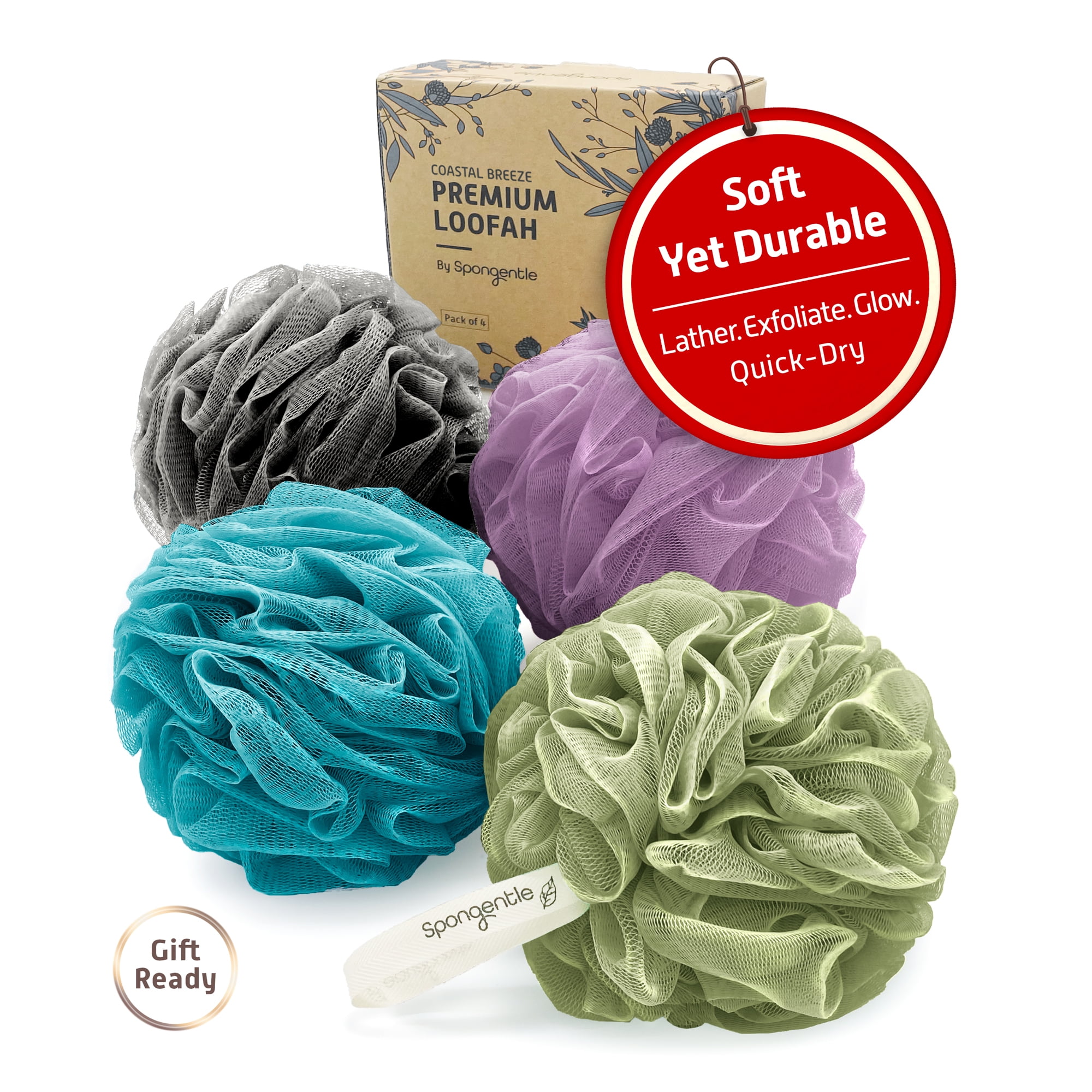 Spongentle Natural Bath Loofah Sponge 4 Pack Large Exfoliating Body ...
