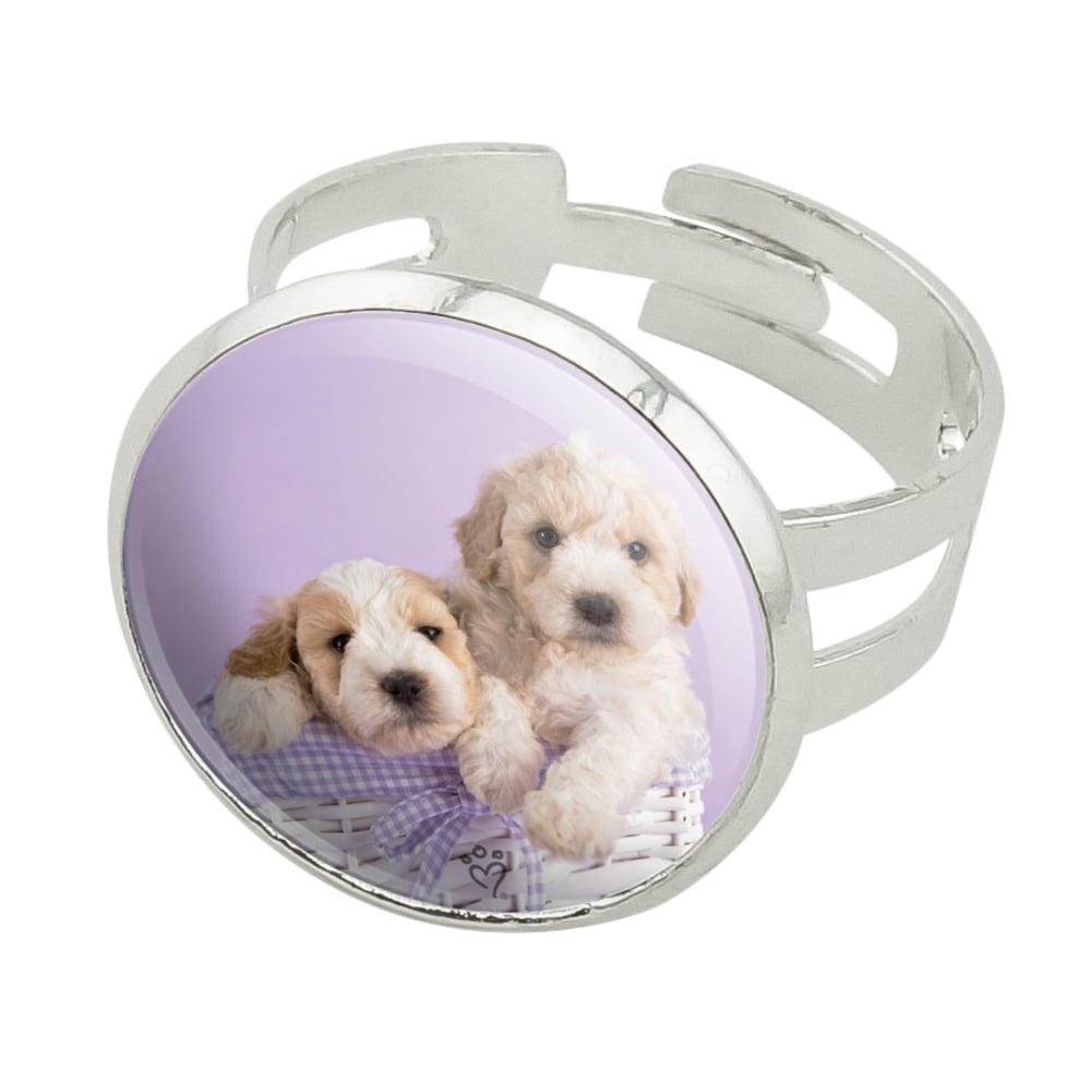 Spoodle Cockapoo Puppies Dogs Wicker Basket Silver Plated Adjustable ...