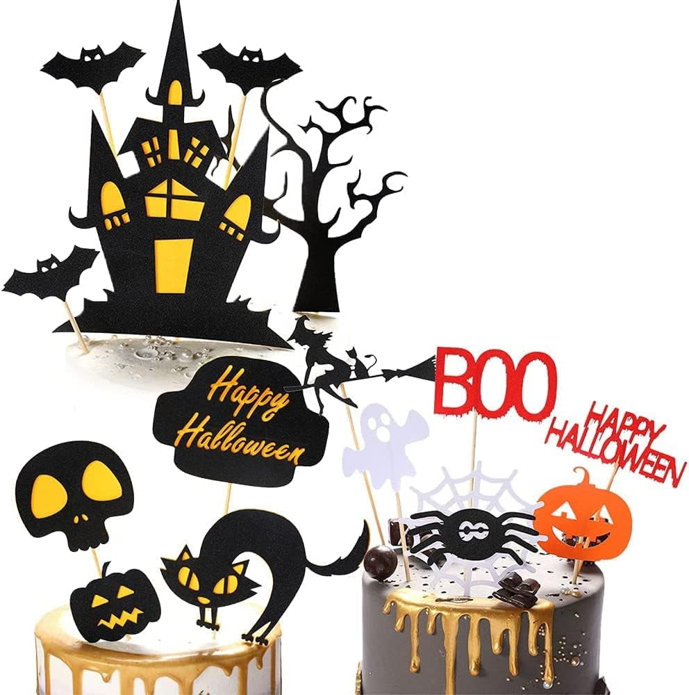 Spook-tacular 15Pack Halloween Cake Topper Set - Haunted House, Pumpkin, Ghost, Bat, Cat, Spider ...