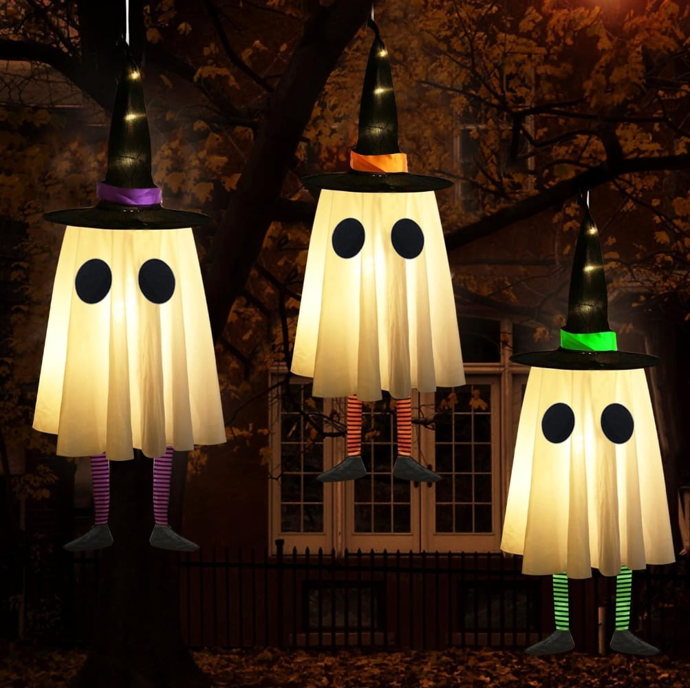 Spooktacular 3-Piece Halloween Hanging Ghosts Set: Outdoor Glowing ...