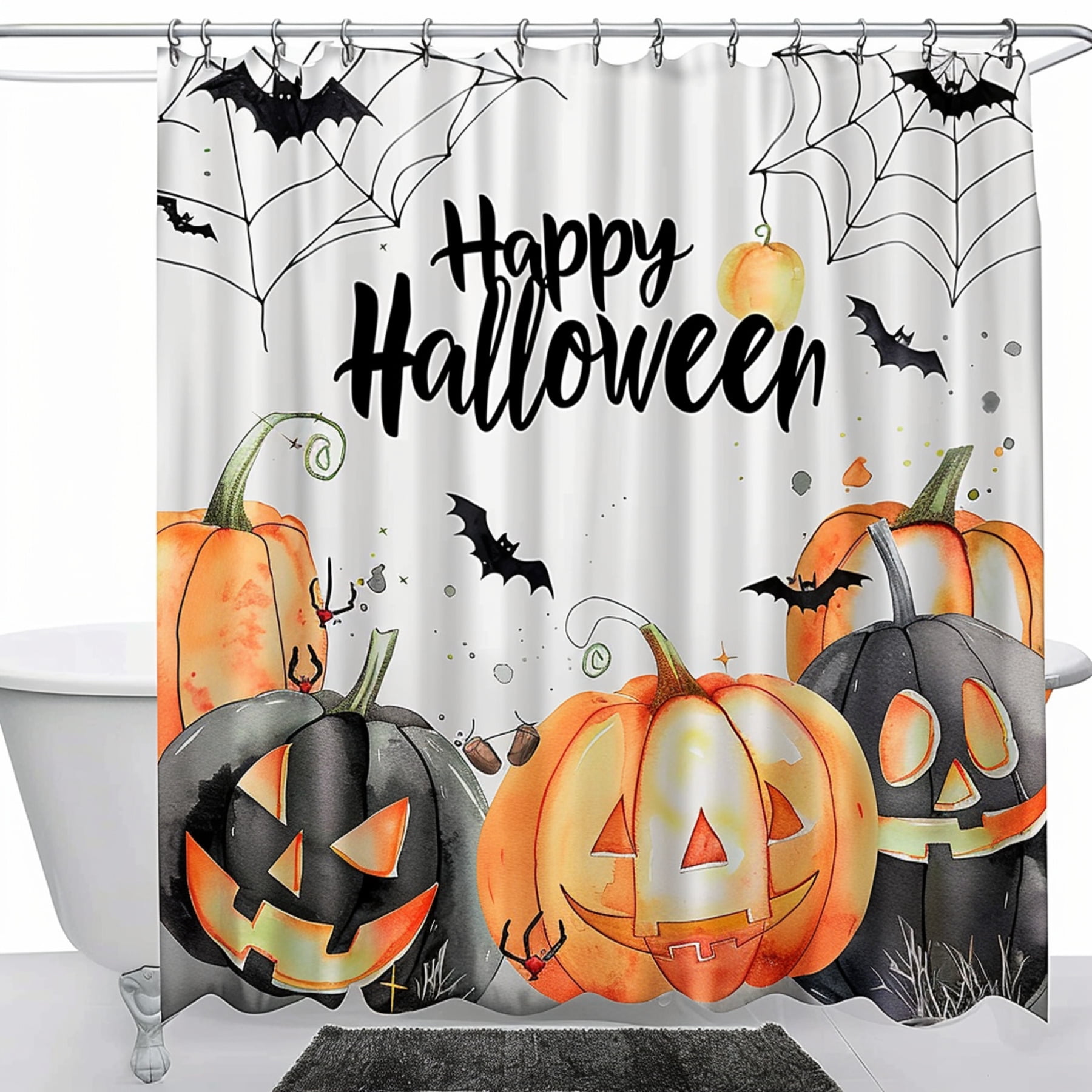 Spooktacular Halloween Shower Curtain Set Watercolor Pumpkins Bats