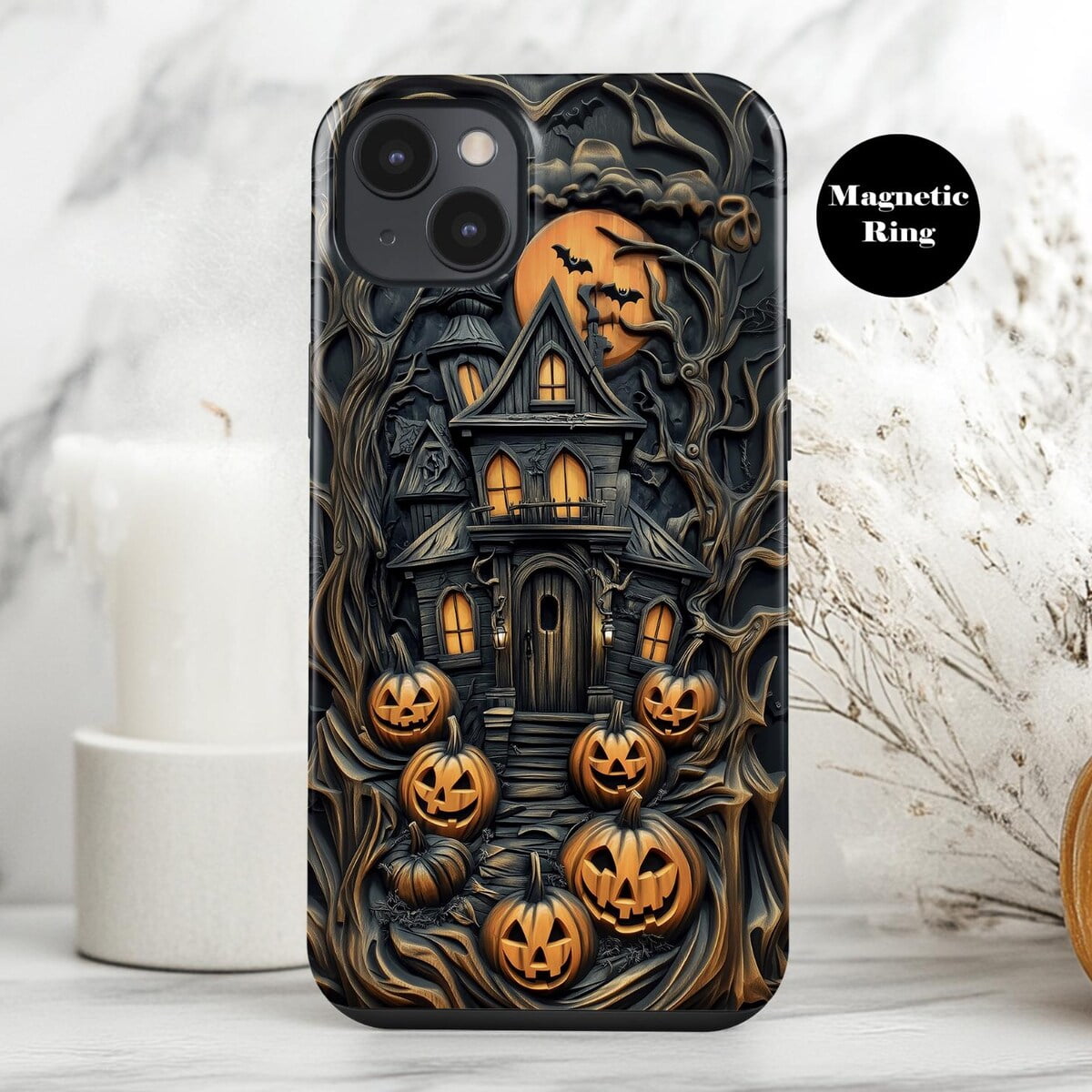 Spooky 3D Gothic Halloween Case with a Haunted House and Pumpkin Design ...