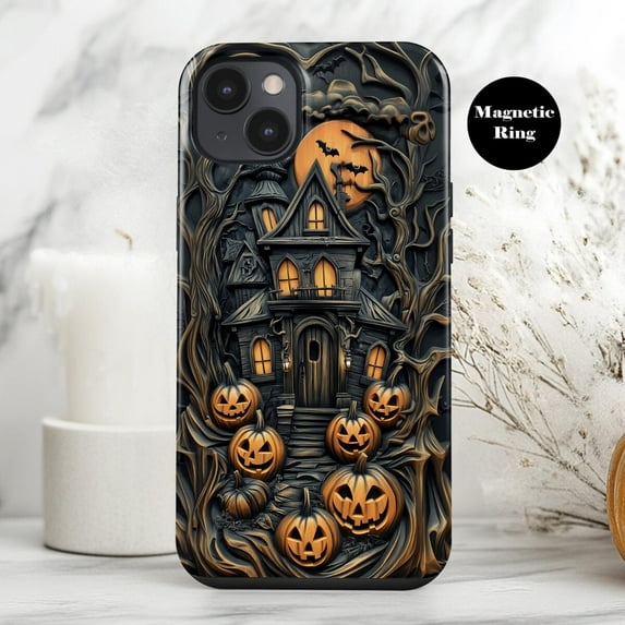 Spooky 3D Gothic Halloween Case with a Haunted House and Pumpkin Design with iPhone 17 to 11 Pro ...