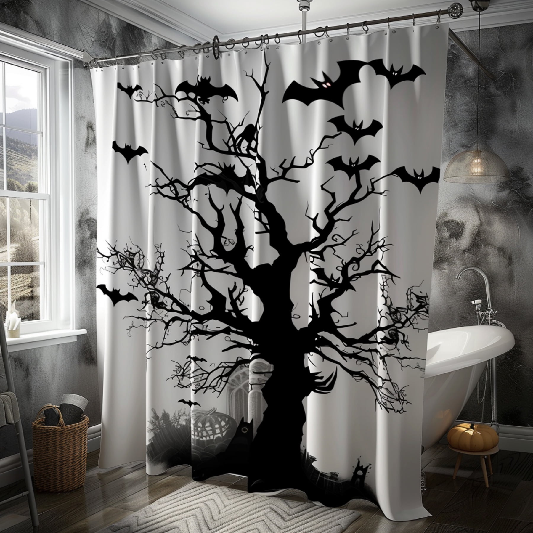 Spooky Bat Tree Halloween Shower Curtain Gothic Horror Black And White