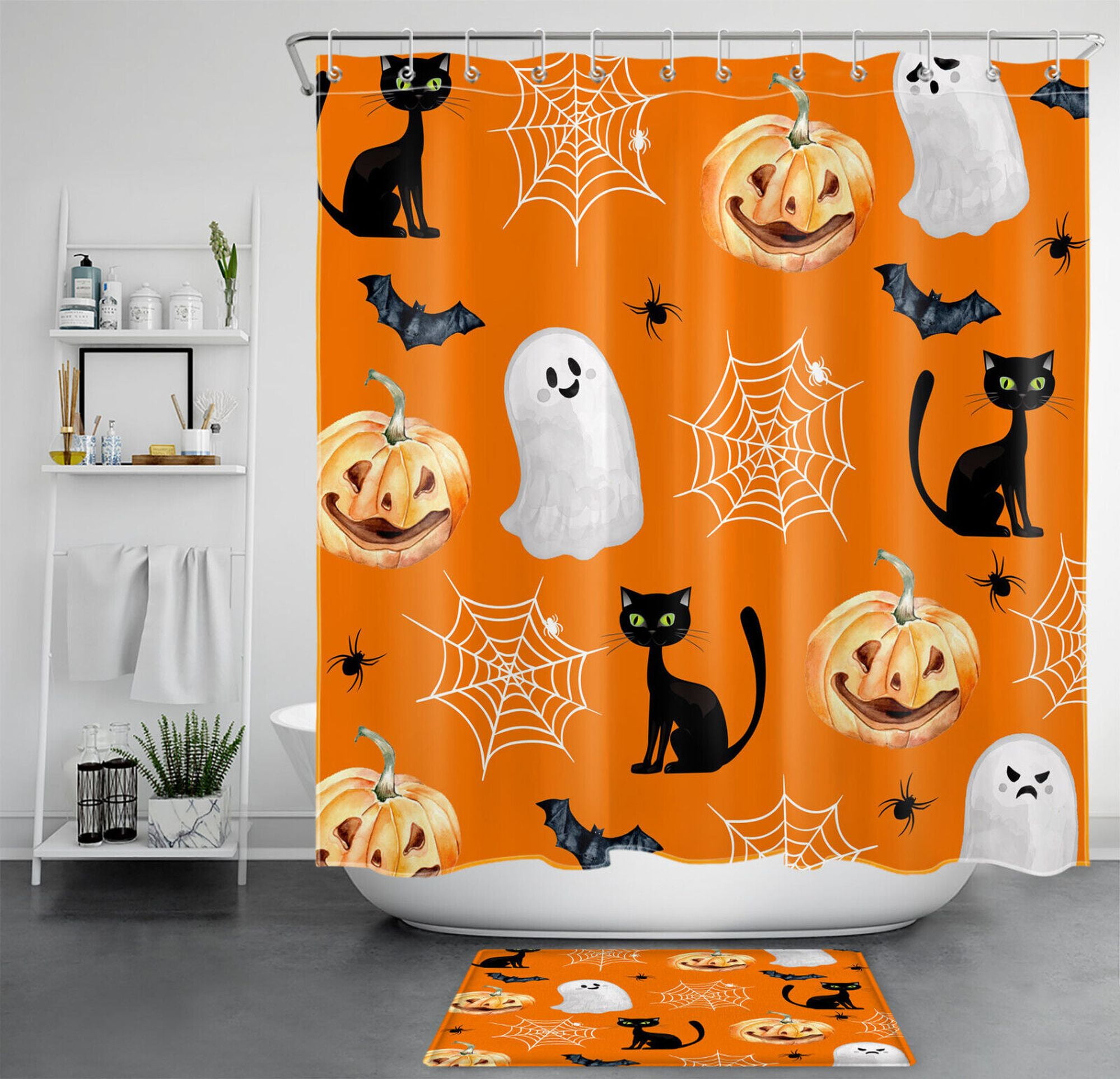 Spooky Bathroom Makeover Ghostly Pumpkin And Cat Shower Curtain Set