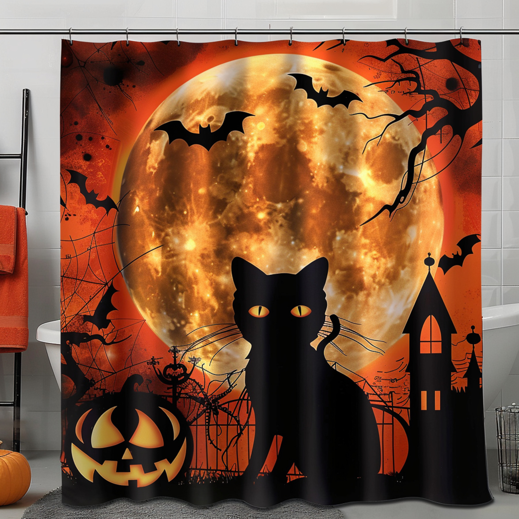 Spooky Black Cat Halloween Shower Curtain With Full Moon And Haunted
