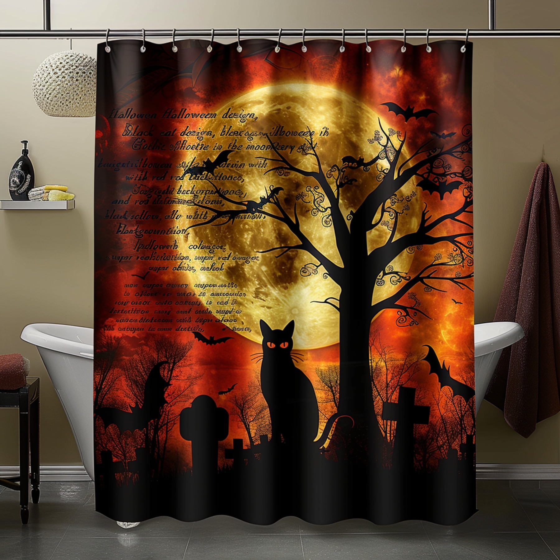 Spooky Black Cat Shower Curtain With Moonlight Cemetery Headstones And
