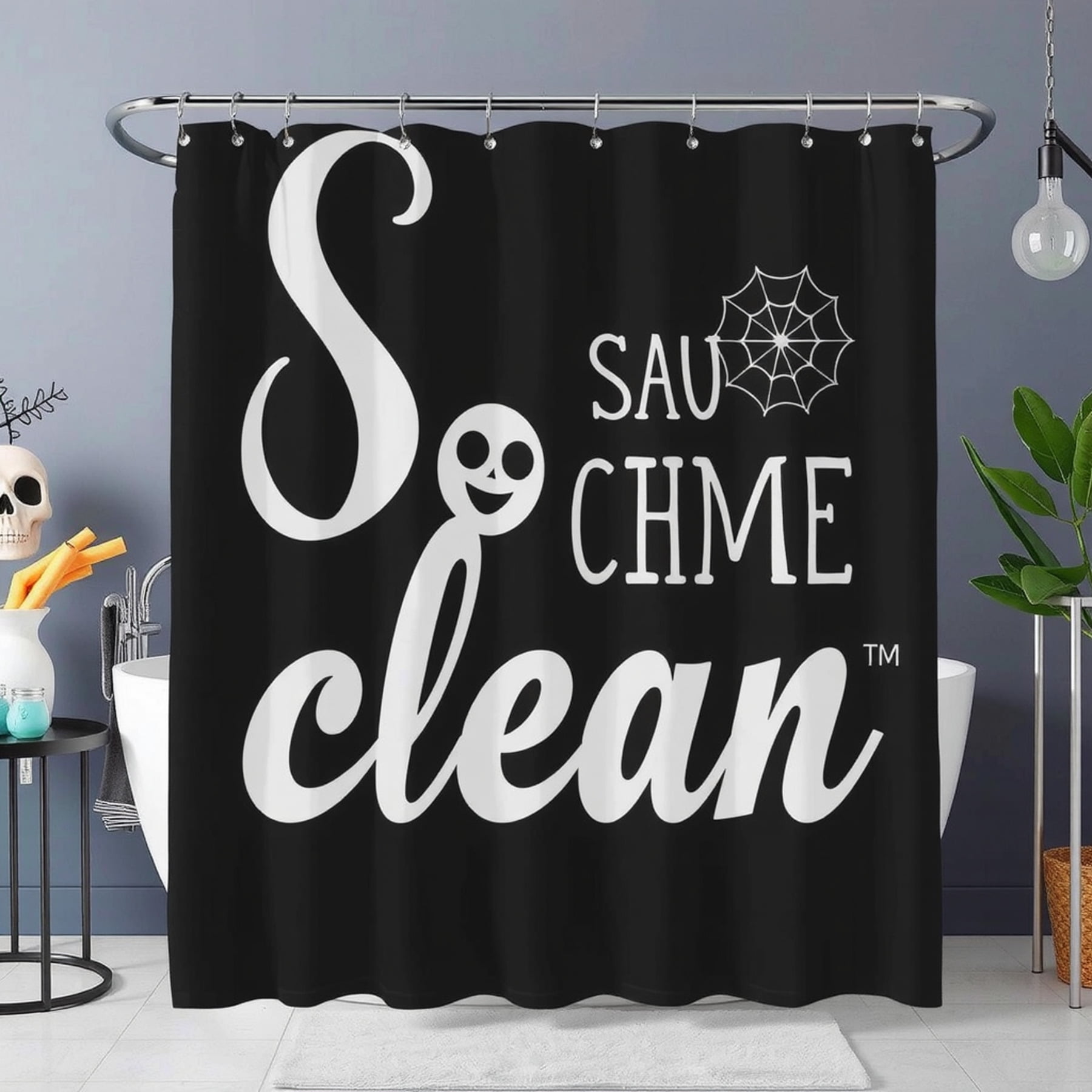 Spooky Black Shower Curtain with White Spiderweb & Smiling Ghost - "So ...