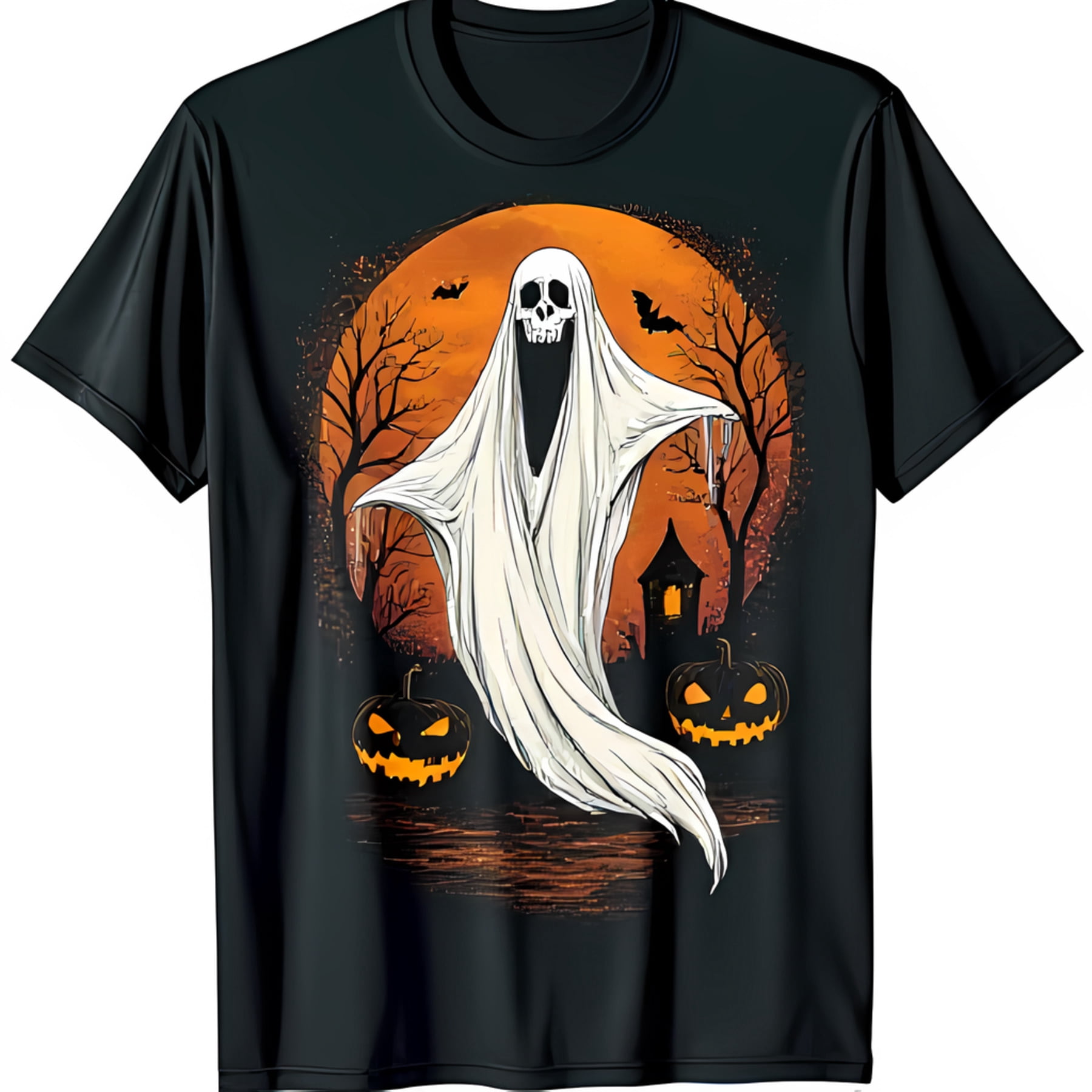 Spooky Black T-Shirt with Ghost Face and Halloween Moon Graphic ...