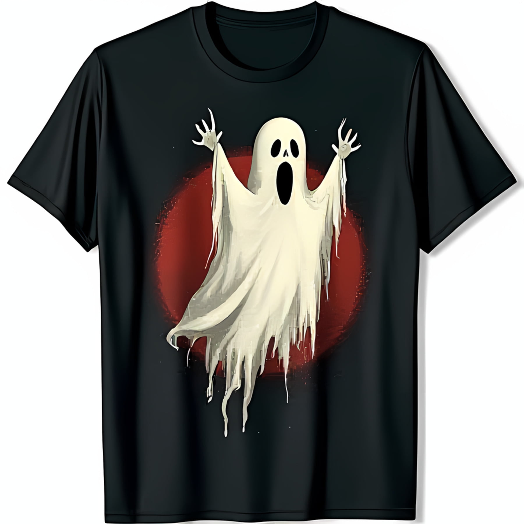 Spooky Black T-Shirt with White Screaming Ghost & Red Circle Graphic ...
