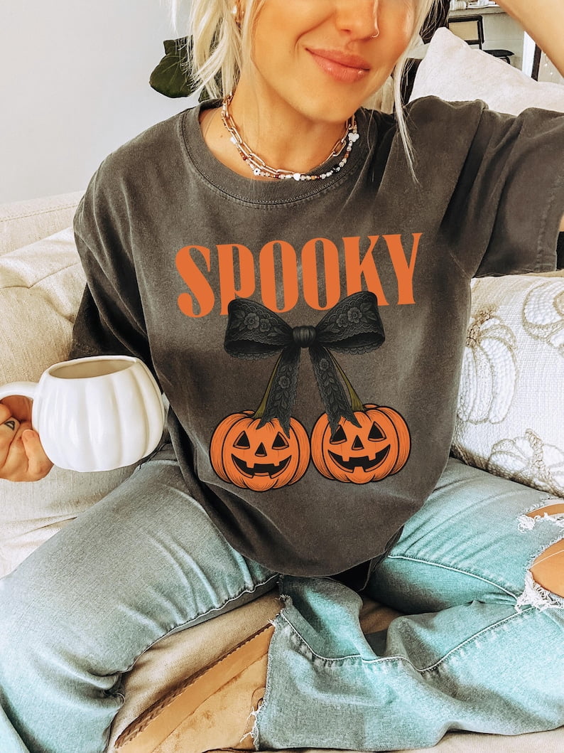 Spooky Bow Pumpkin Shirt, Coquette Fall Halloween Tee with Black Lace ...