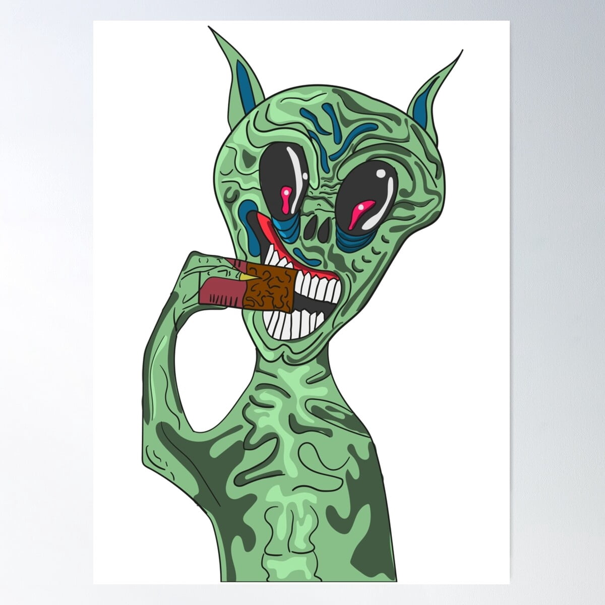 Spooky Cartoon Alien Eating A Chocolate Bar Poster Wall Art, Modern ...