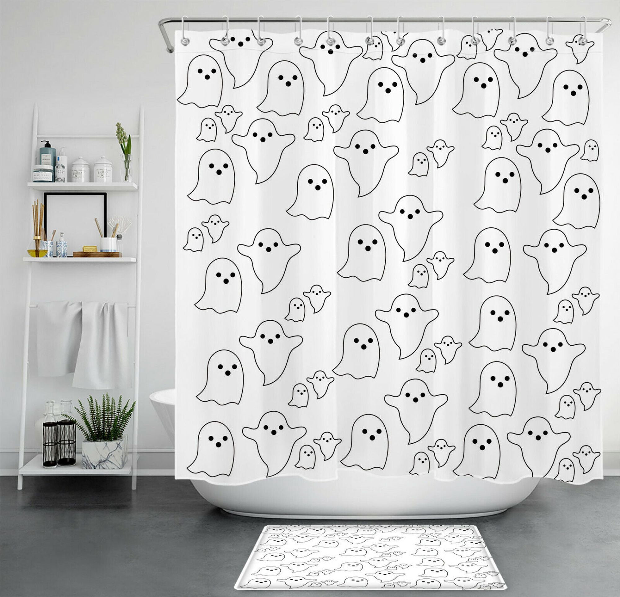 Spooky Cartoon Ghost Shower Curtain - Fun Halloween Bathroom Decor ...