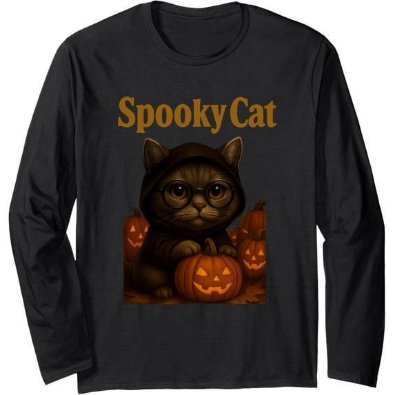 Spooky Cat Halloween Shirt Cute Gothic Kitten Pumpkin Long Sleeve T ...