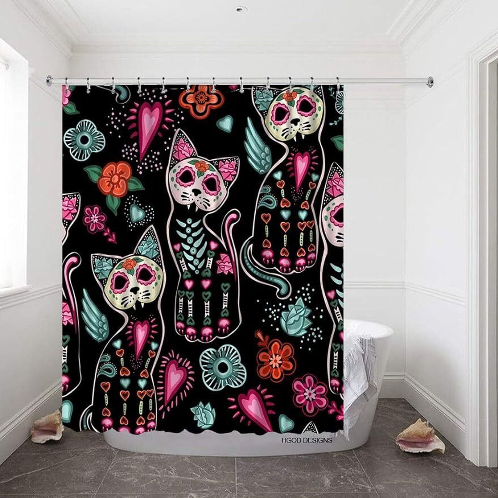 Spooky Cat Halloween Shower Curtain Set With 12 Hooks Festive Day Of