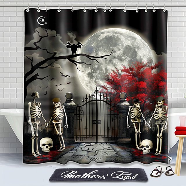 Spooky Cemetery Gate Shower Curtain Set Skeletons Full Moon Red Tree Em