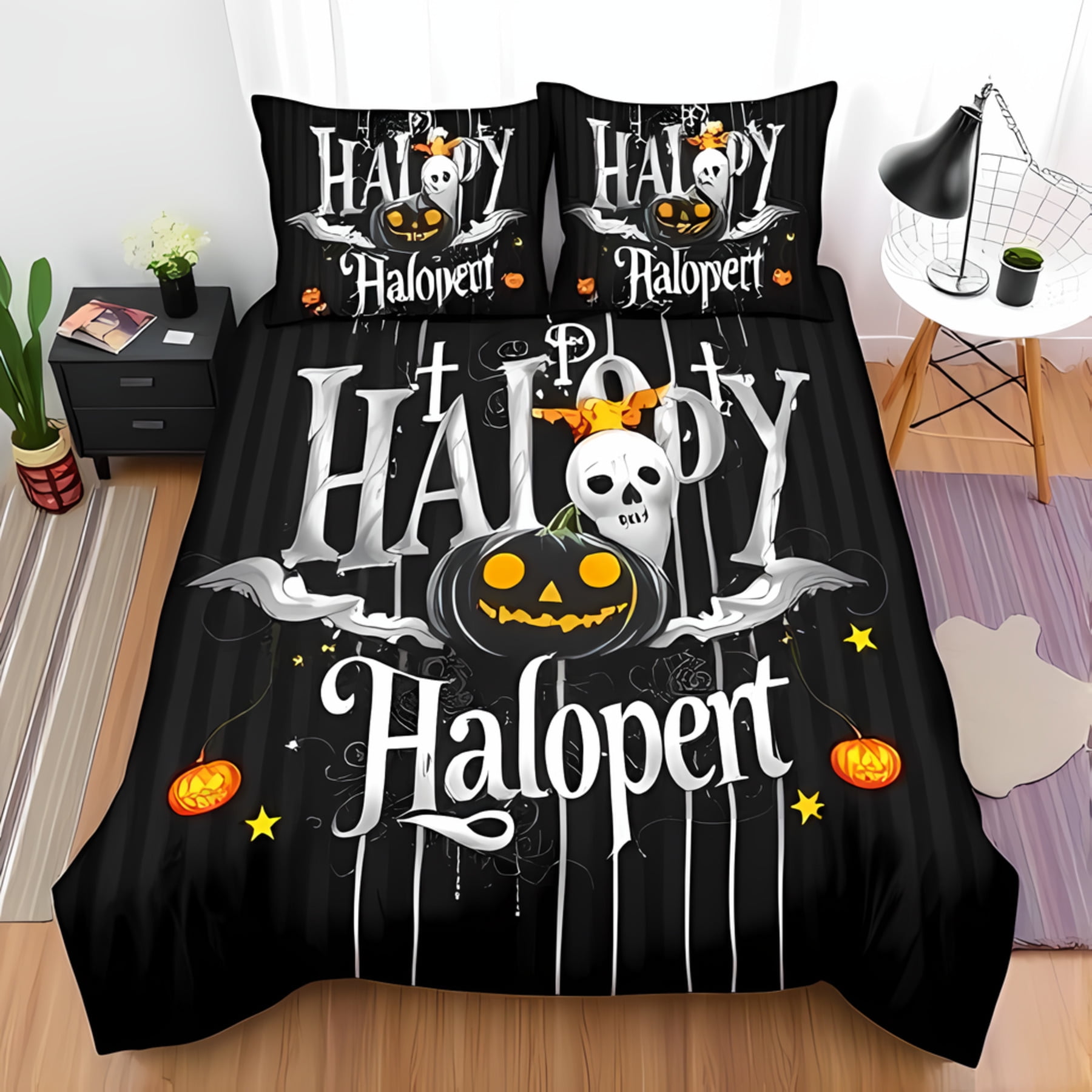 Spooky & Cheerful Black and White Halloween Bedding Set "Happy Halopent ...
