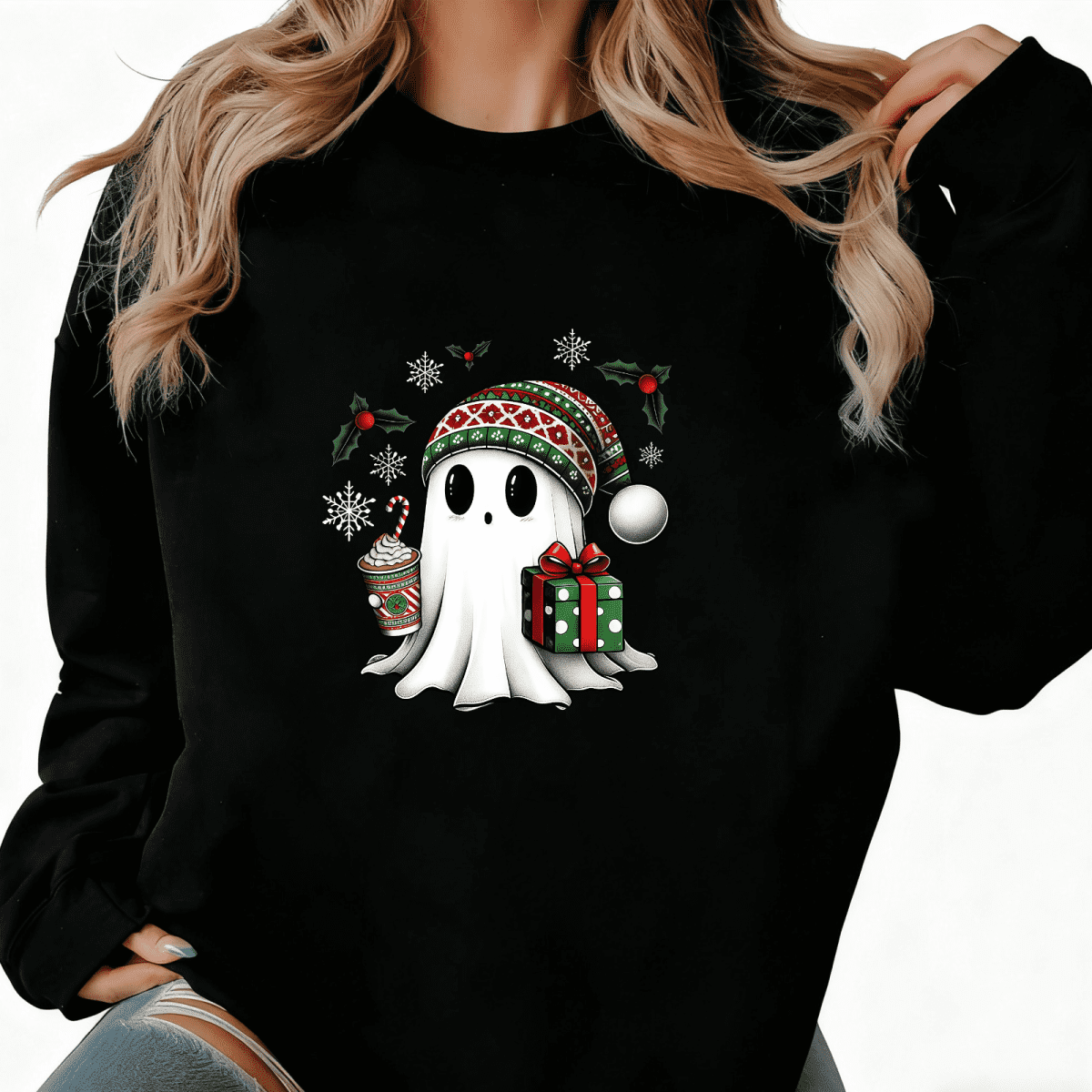 Spooky Christmas Tops - Cute Ghost in Santa Hat Graphic Long Sleeve ...