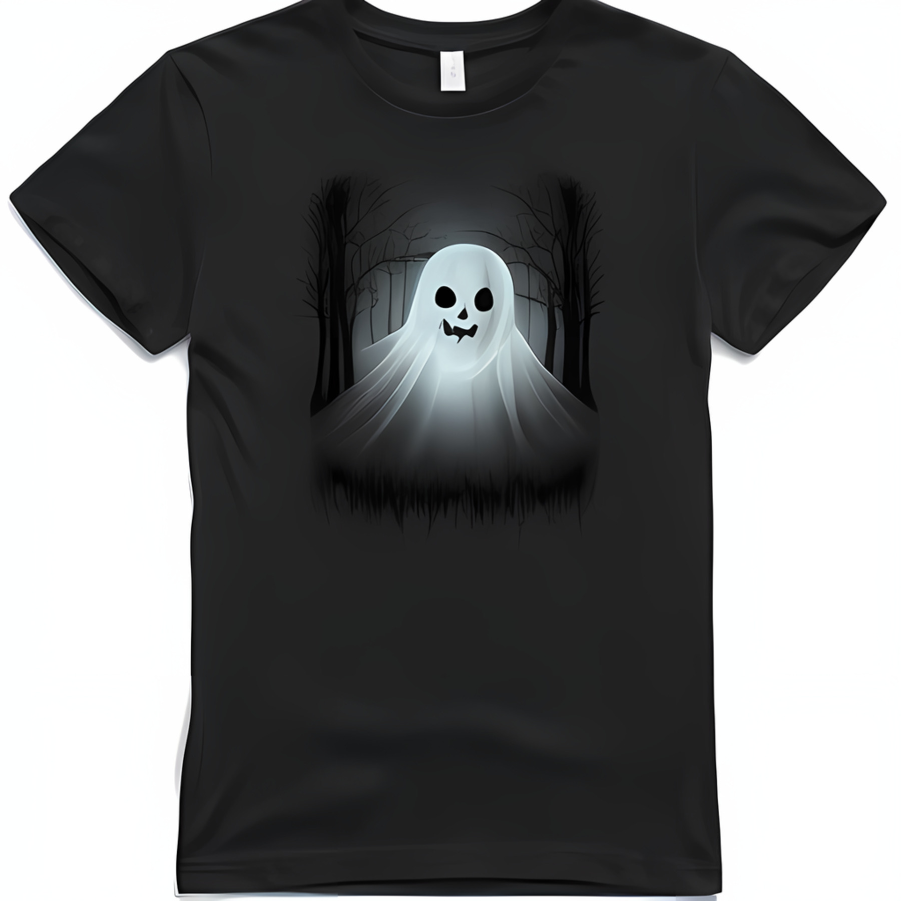Spooky Cute Ghost in Dark Woods Night Scene Black T-Shirt for a ...