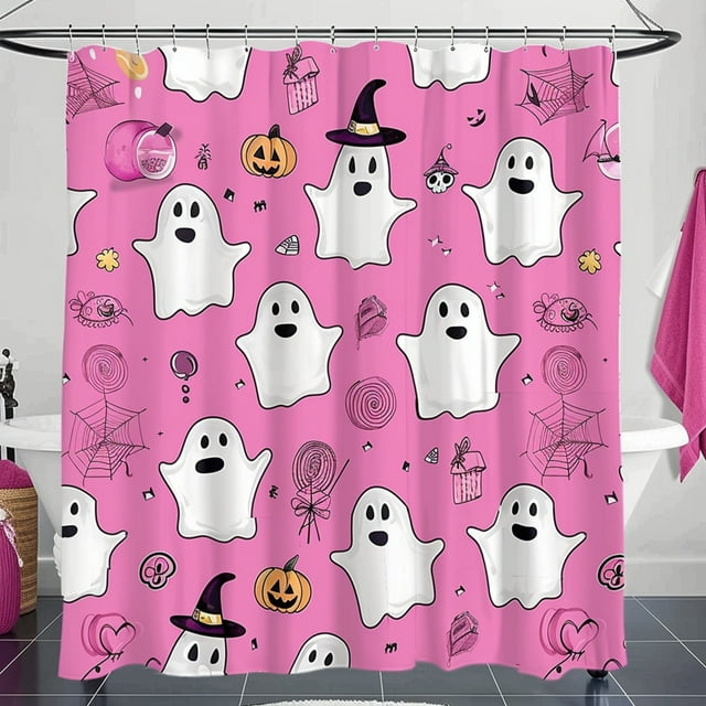 Spooky Cute Ghosts Shower Curtain Set Halloween Decor With Witch Hats