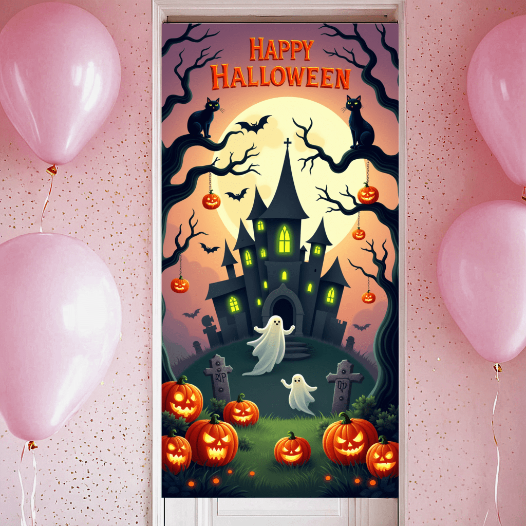 Spooky Design Halloween Banner Gothic Castle Pumpkin Ghosts for Haunted ...