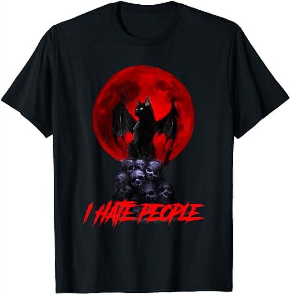 Spooky Evil Cat Vampire Hate People Halloween Red Moon T-Shirt ...