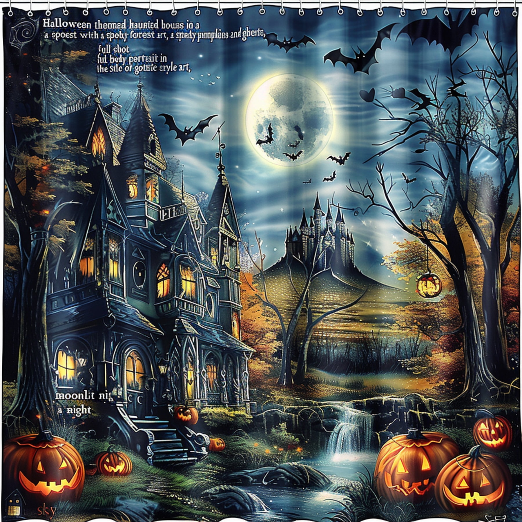 Spooky Forest Haunted House Shower Curtain Halloween Pumpkins Ghosts