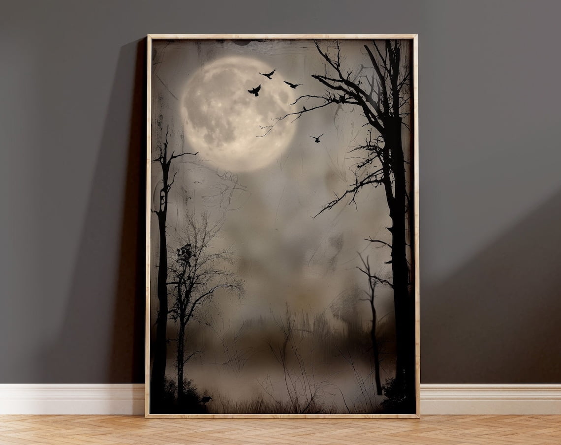 Spooky Full Moon Landscape Print, Eerie Decor, Gothic Halloween, Dark ...