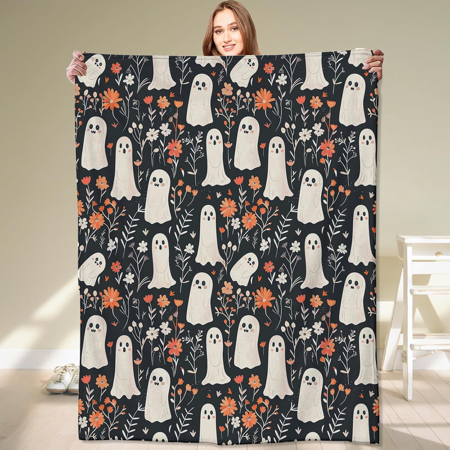 Spooky Ghost Blanket Cute Floral Autumn Flowers Throw Blankets Gifts ...